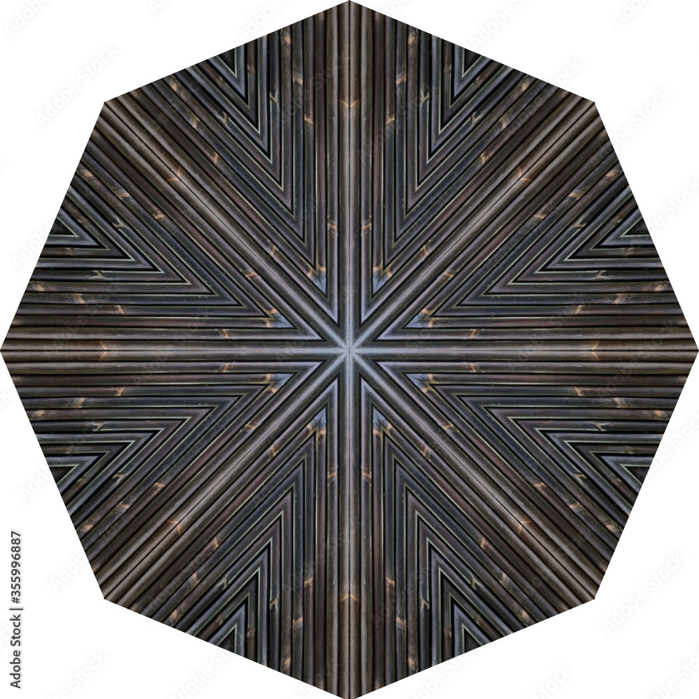 Dark black old octagonal top table, laminated wood planks with abstract ...