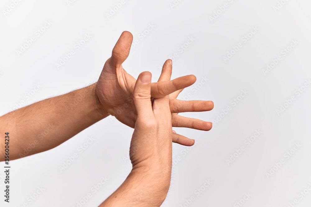 Hand of caucasian young man showing fingers over isolated white ...