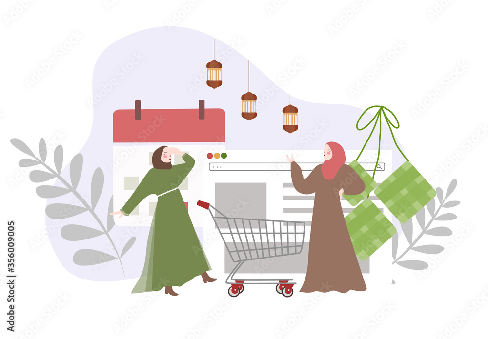 Muslim women characters shopping online to celebrate the Eid holiday ...