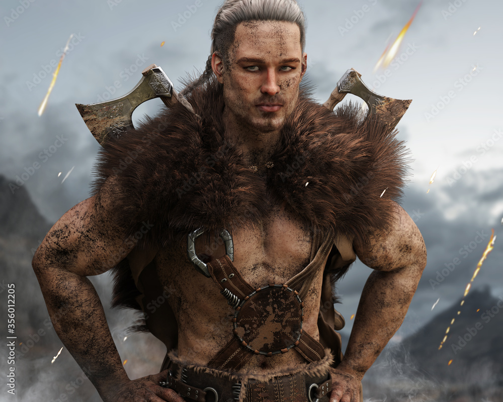 Portrait Of A Muddy Viking Norse Warrior From Scandinavia With Duel