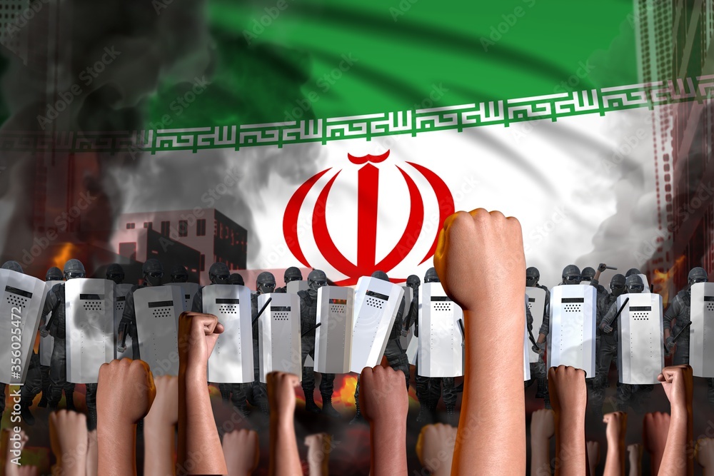 Protest in Iran - police officers stand against the demonstrators crowd ...