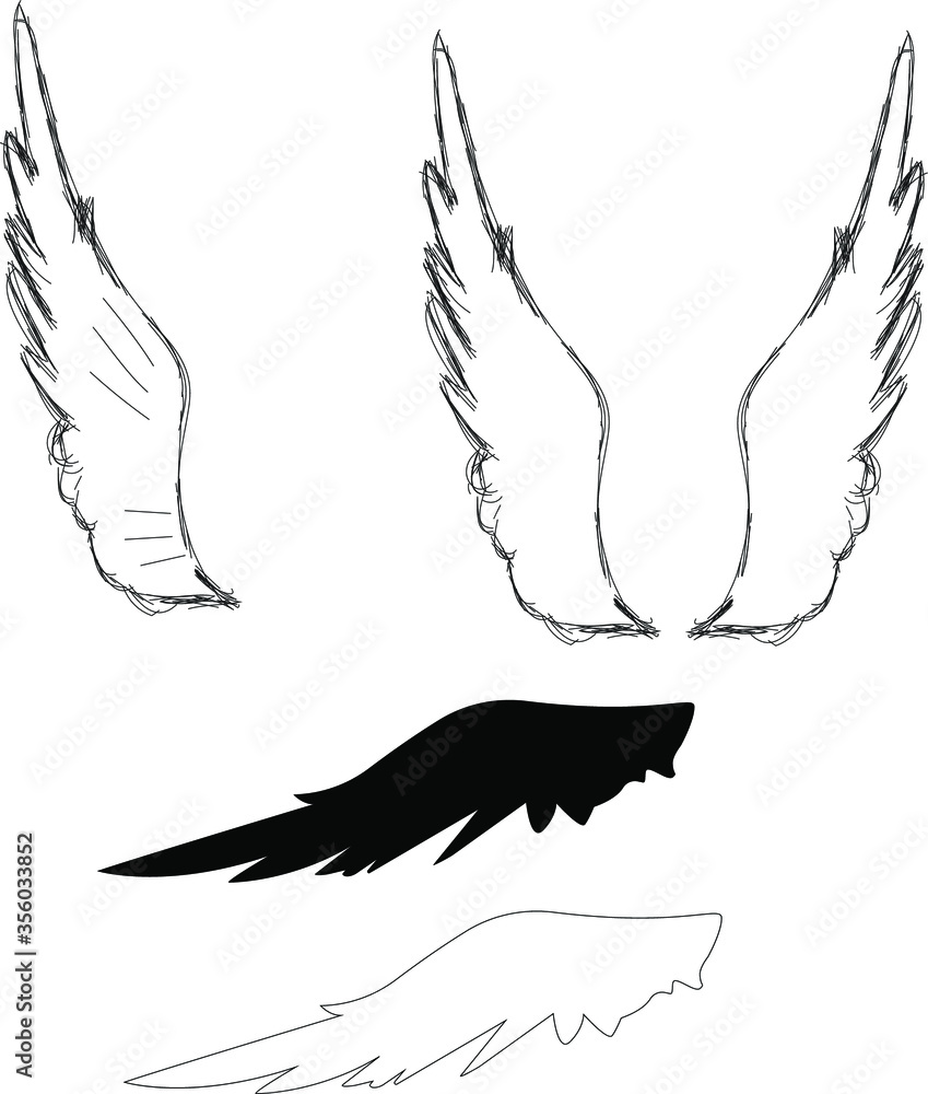 Vecton wings: sketch of two wings by hand in a casual style. Wing ...