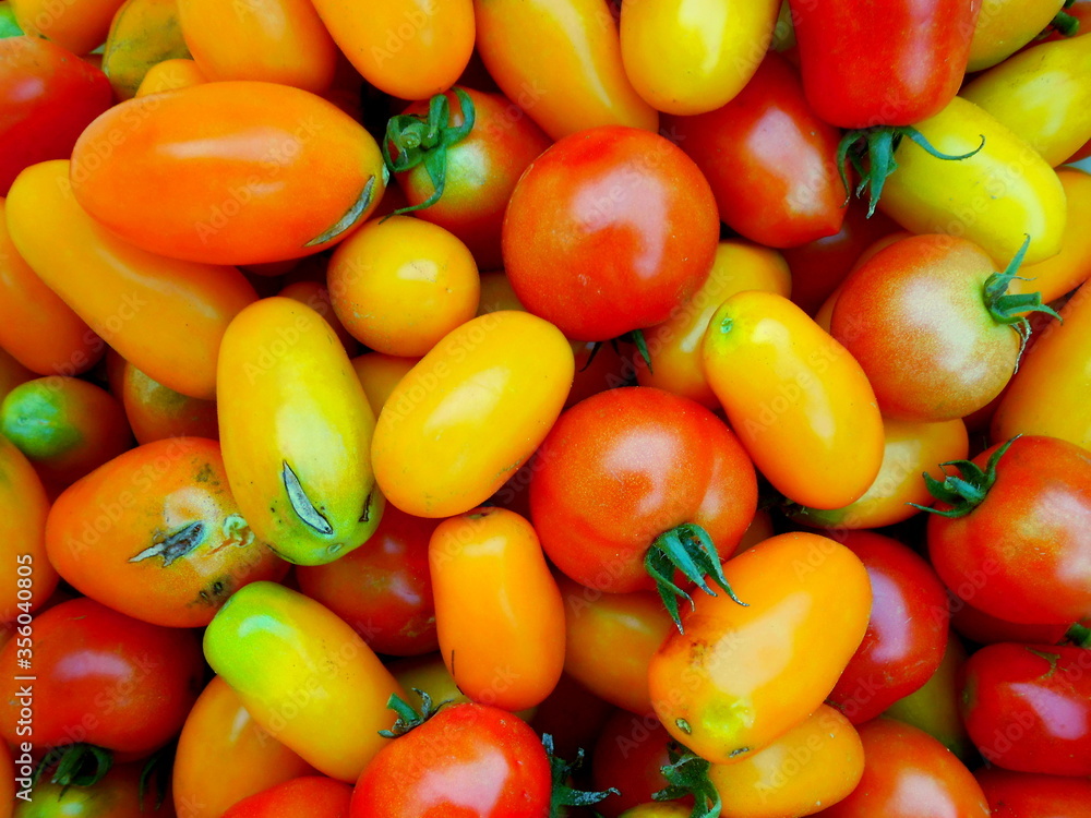 Red yellow orange long plum tomatoes pattern background. Fresh organic ...