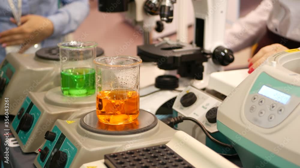 Liquid reagents, test tube flasks. Medical pharmaceutical laboratory ...