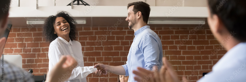 Happy ceo handshake successful african female worker corporate team ...