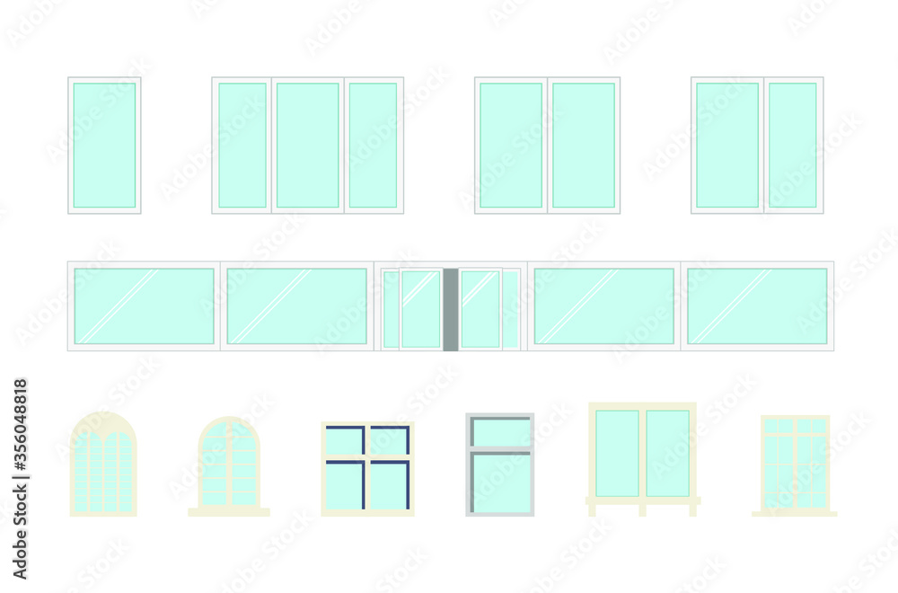 Set of windows and glass showcases, sliding doors. Vector illustration ...
