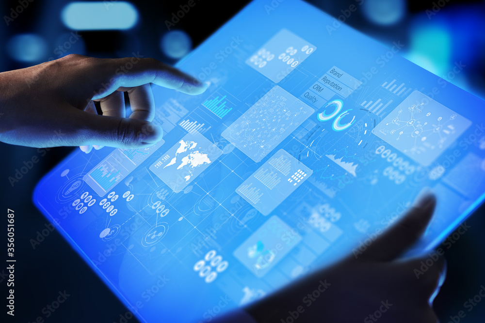 Business intelligence analyst dashboard on virtual screen. Big data ...