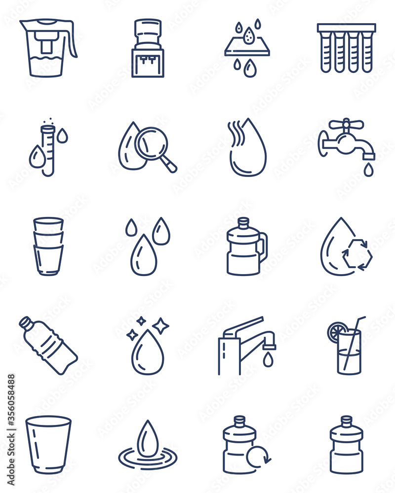 Clean water line icons set. Filter, plastic bottles, tap, glass ...
