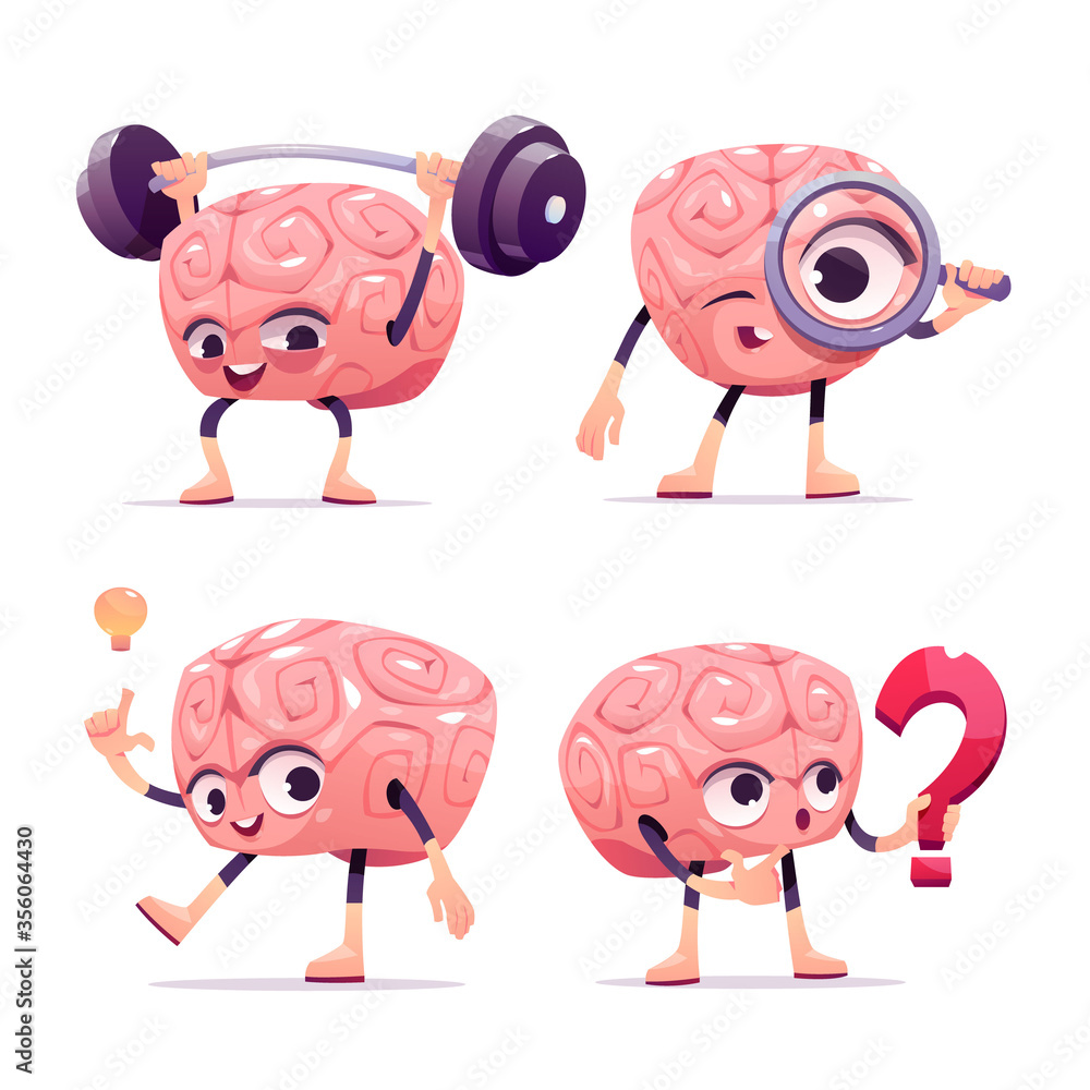 Brain characters, cute cartoon mascot with funny face exercising with ...