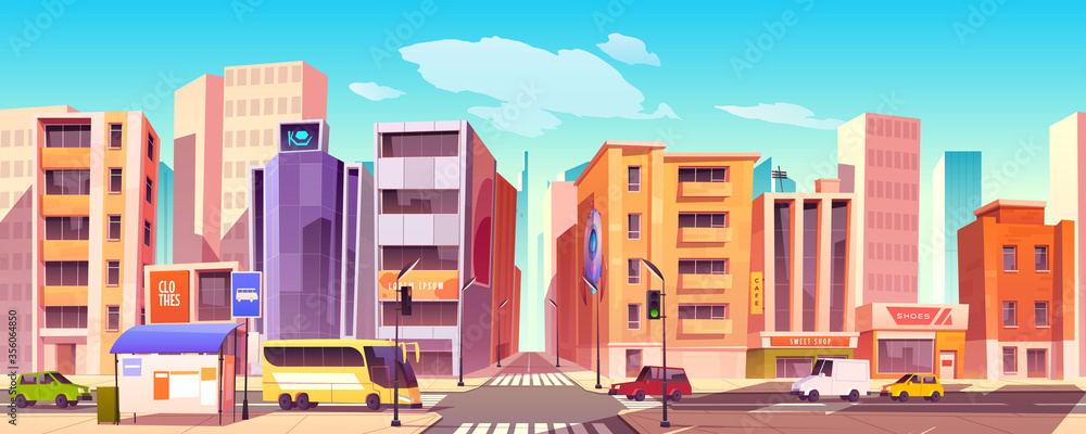 City street with houses, road with pedestrian crosswalk, cars and bus ...