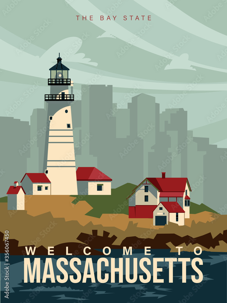 Massachusetts is on a tourist poster. Vintage lighthouse. The east ...