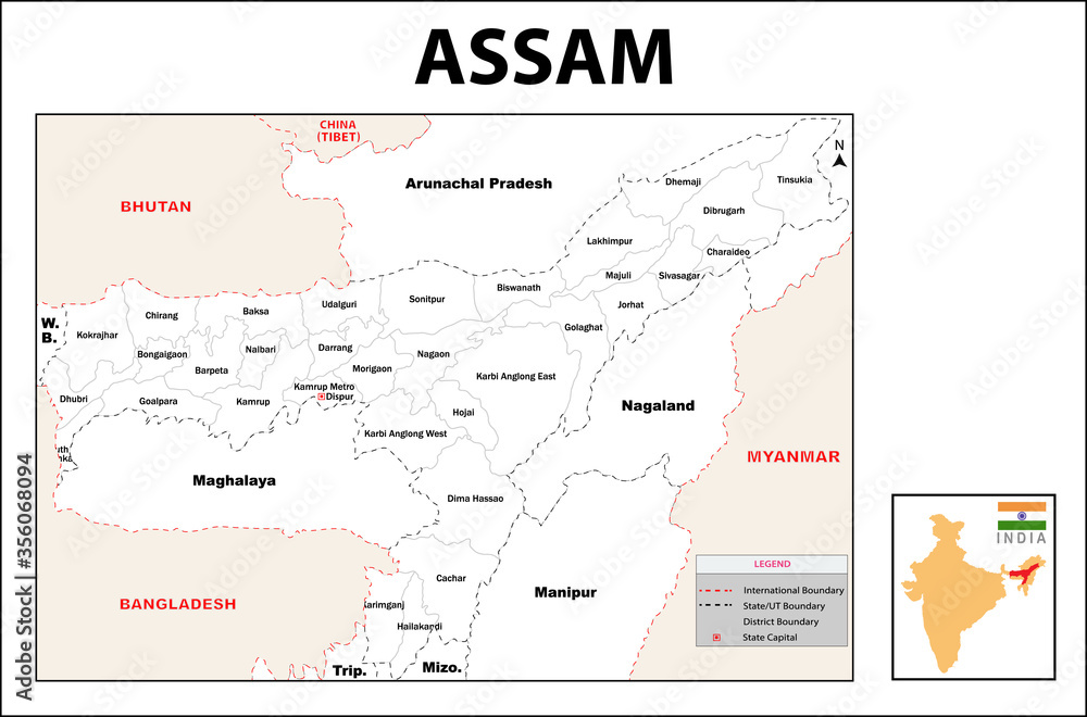 Fototapeta: Assam map. Political and administrative map of Assam with ... Fototapeta: Assam map. Political and administrative map of Assam with ...
