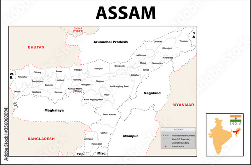 Assam map. Political and administrative map of Assam with districts ...