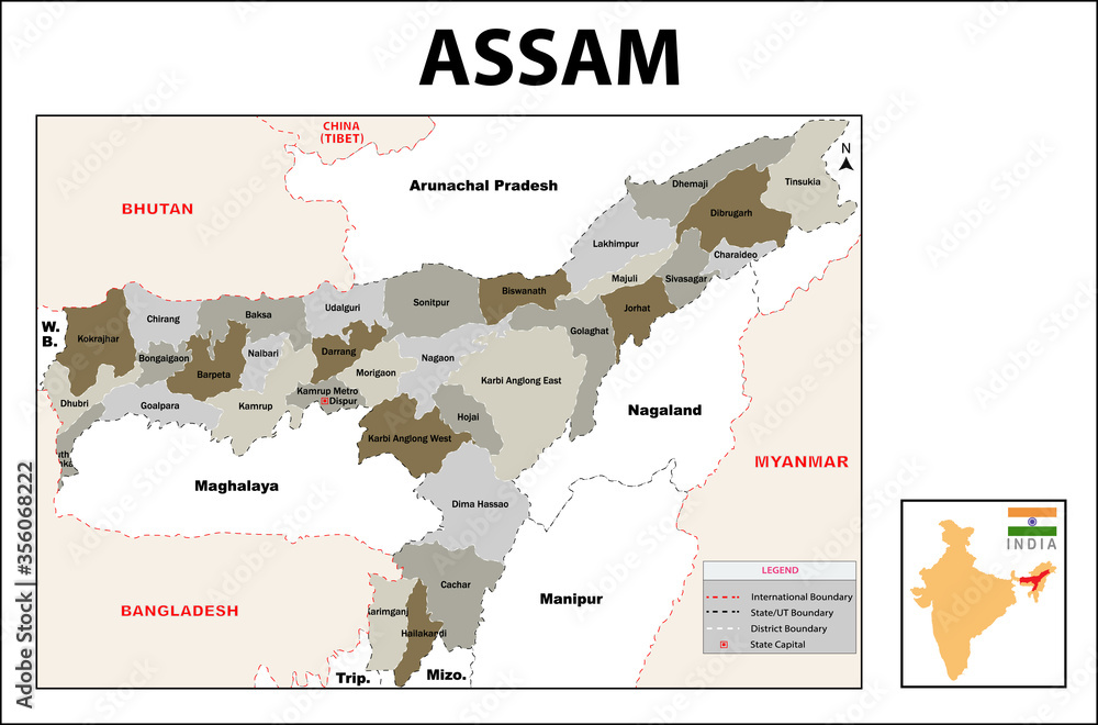 Assam Map Political And Administrative Map Of Assam With Districts Name Showing International