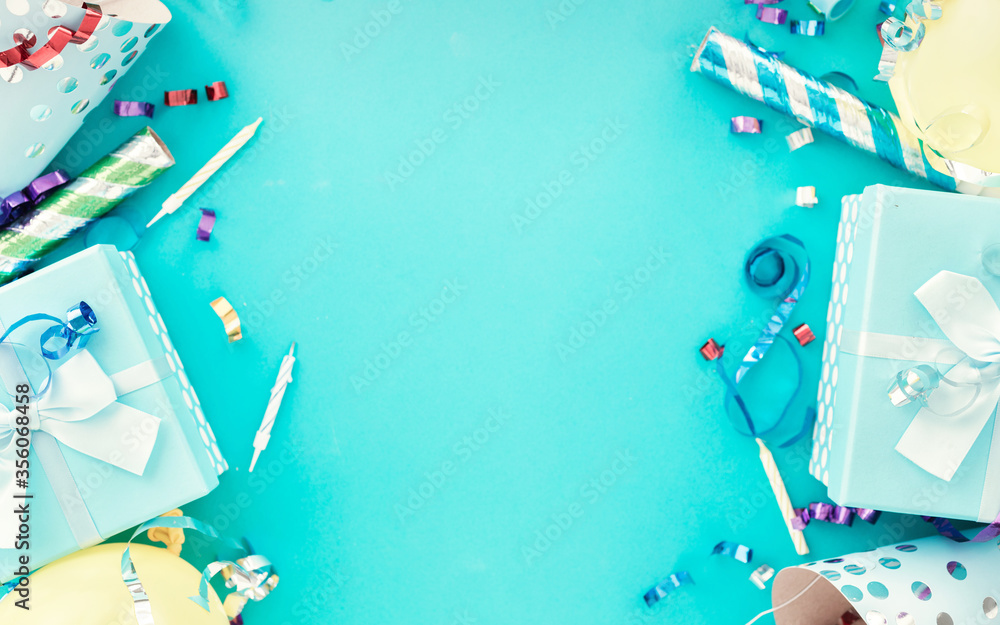 Celebration background with gift box, colorful party streamers ...