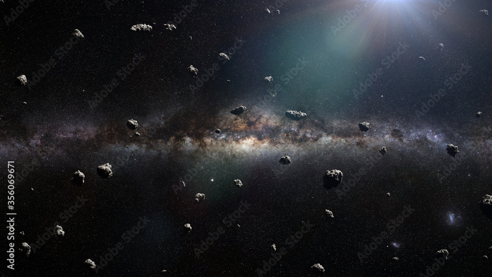 asteroid belt, debris in the solar system (3d space rendering) Stock ...