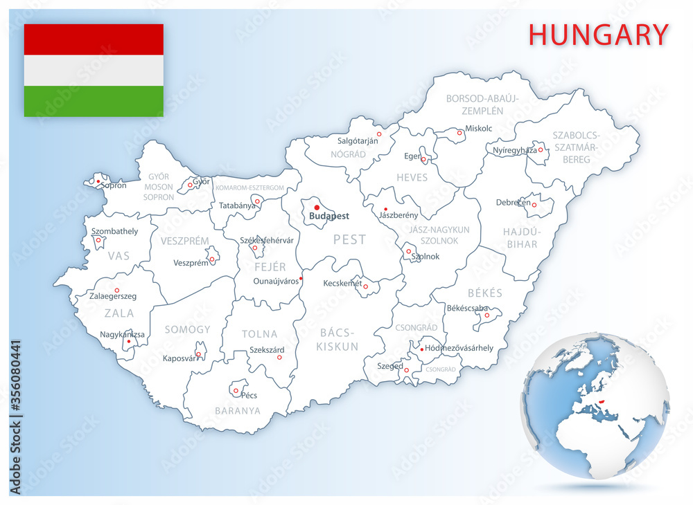 Detailed Hungary administrative map with country flag and location on a ...