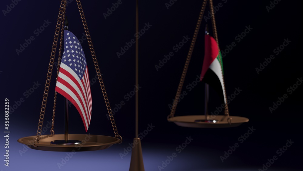 Flags USA and UAE on the bowls of the balance scales on a blue ...