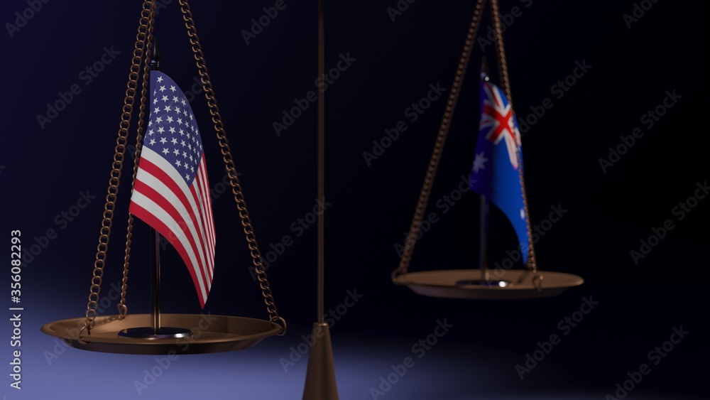 Flags of the USA and Australia on the bowls of the balance scales on a ...
