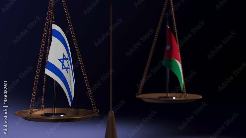 Flags of Israel and Jordan on the bowls of the balance scales on a blue ...