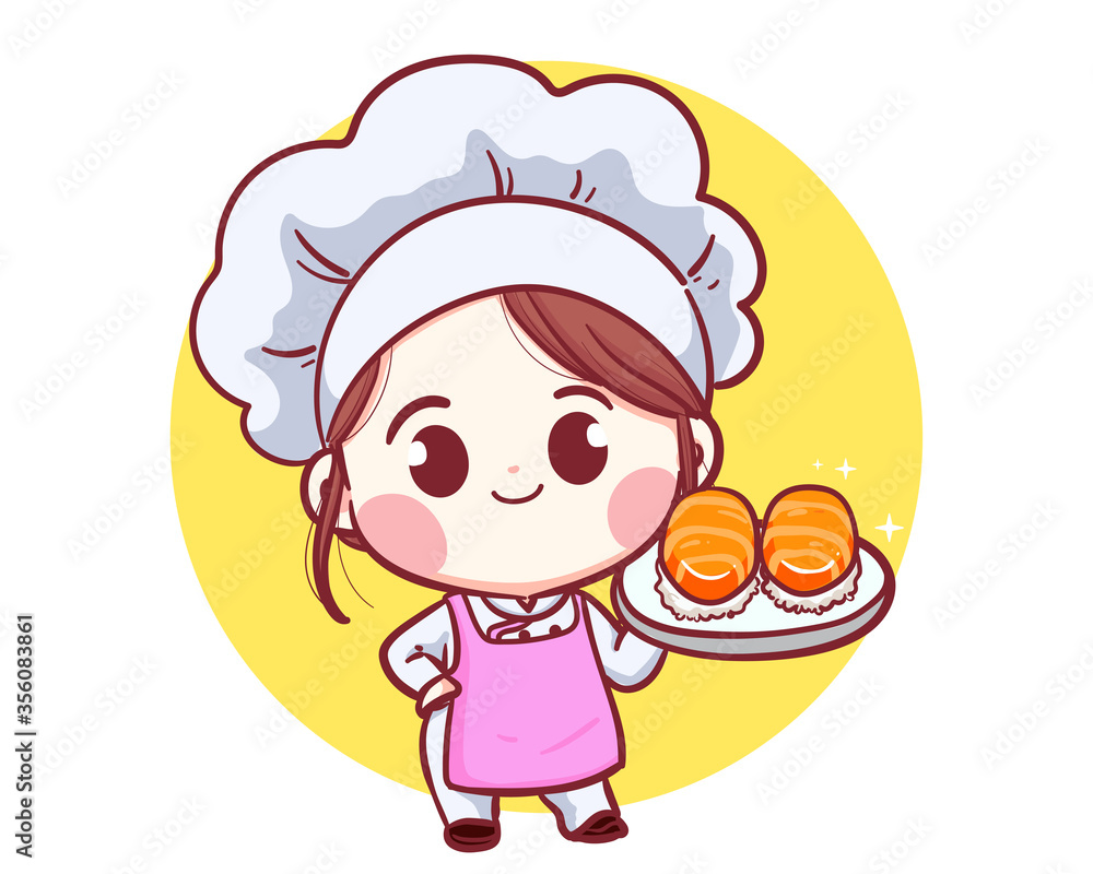 Japanese chef cartoon with cute sushi art illustration logo. Premium ...