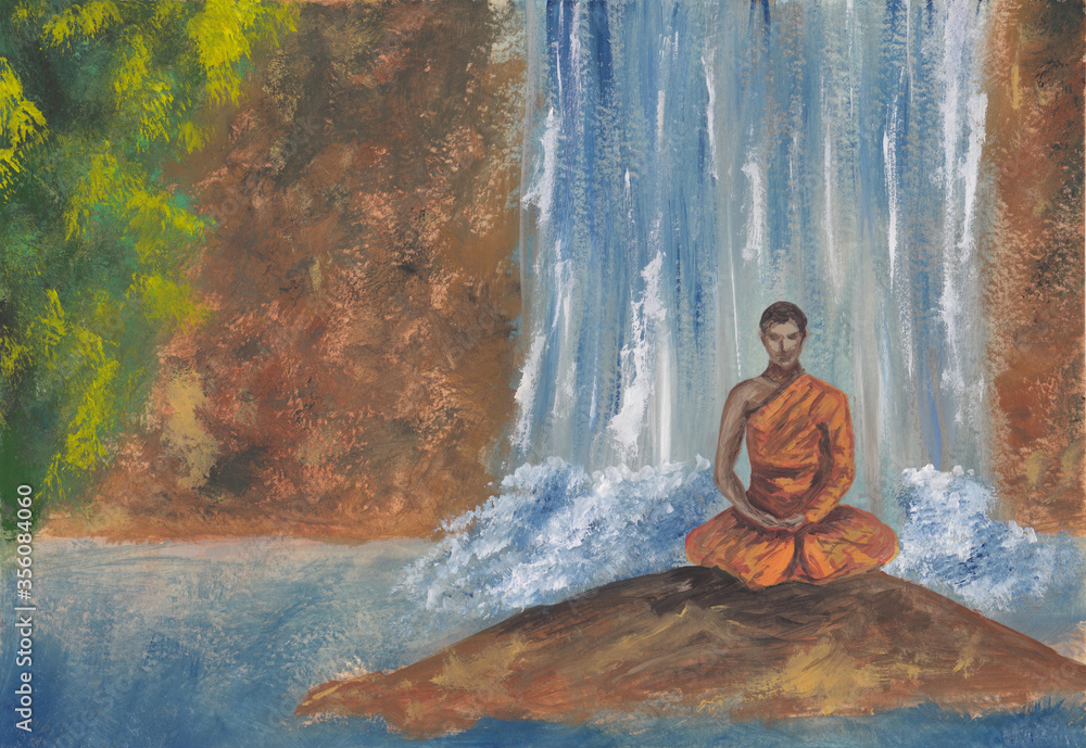 Acrylics painting of asian waterfall & meditating Buddhist monk in ...