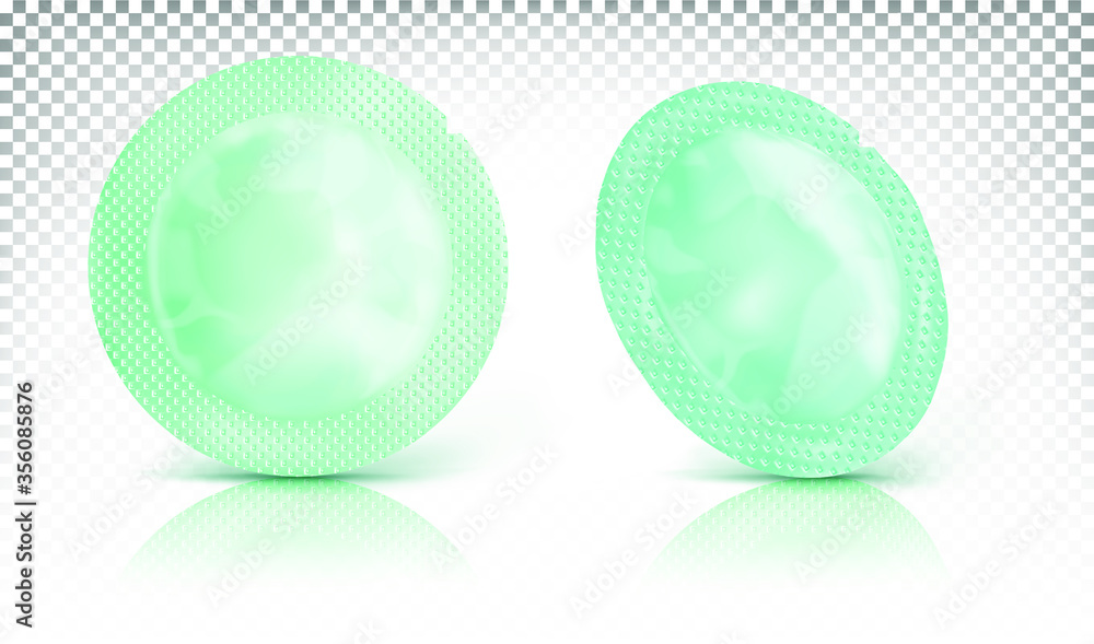 Round mini packaging in mint color. Different angles of sachets for the ...
