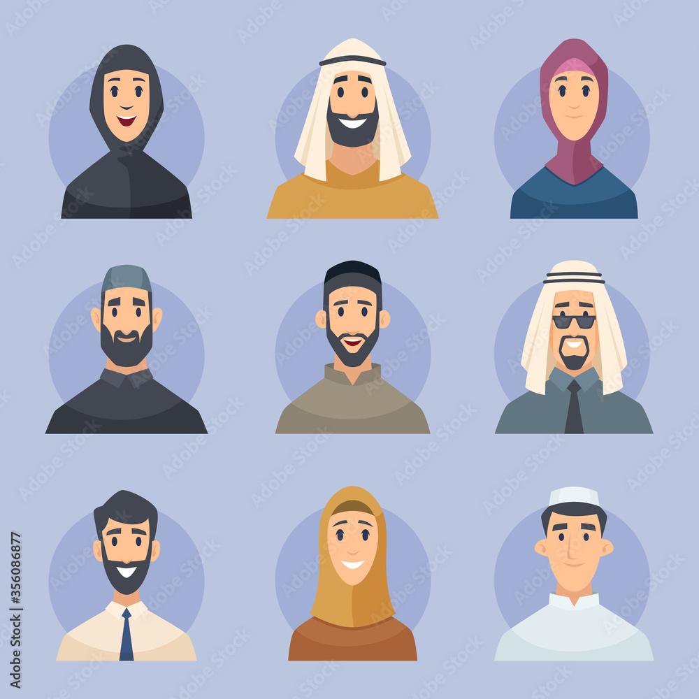 Muslim avatars. Arabic male and female characters front view portraits ...