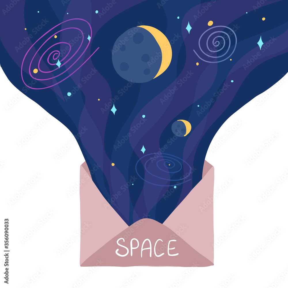 Mail envelope with planets on the night sky, stars and galaxies ...
