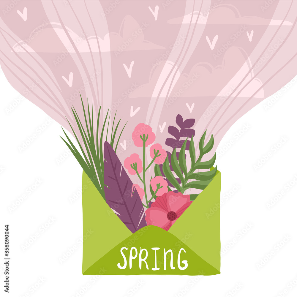 Envelope with wild flowers inside. Bouquet of flowers in a green ...