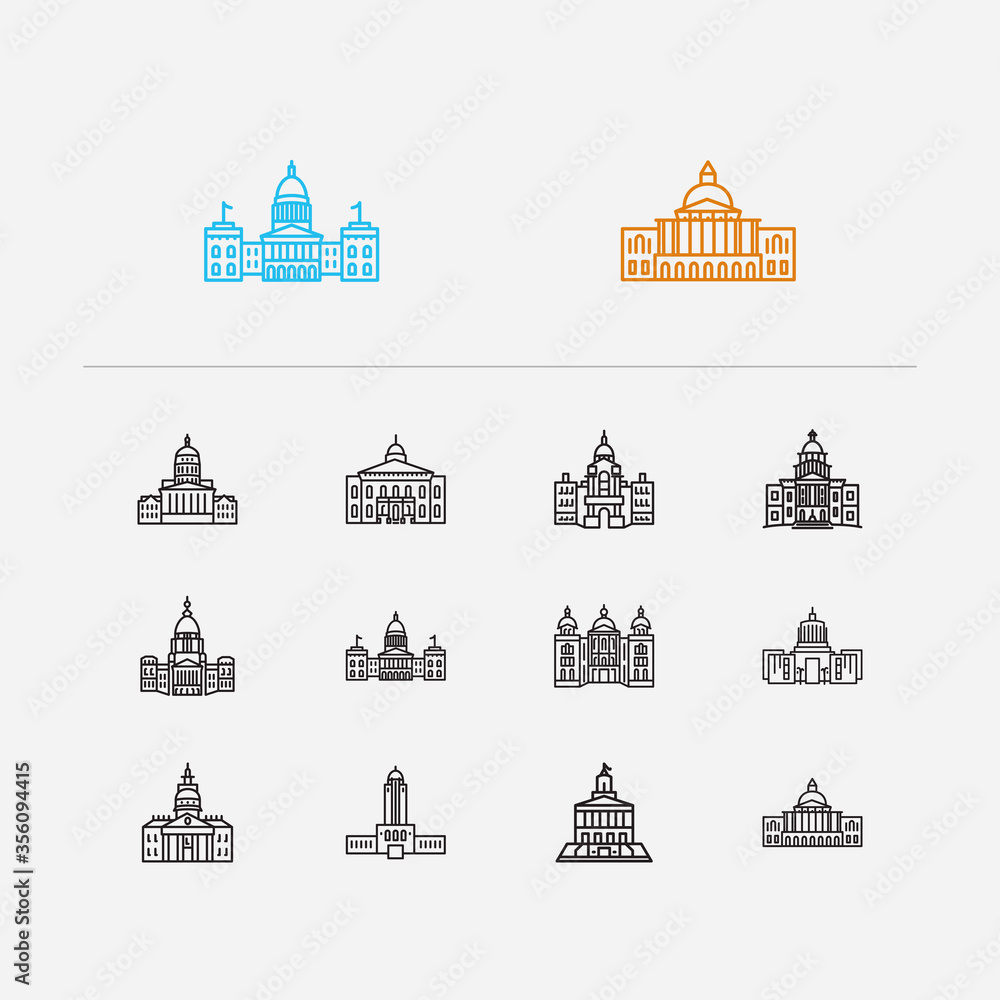 Building icons set. Congress and building icons with exterior, lowa ...