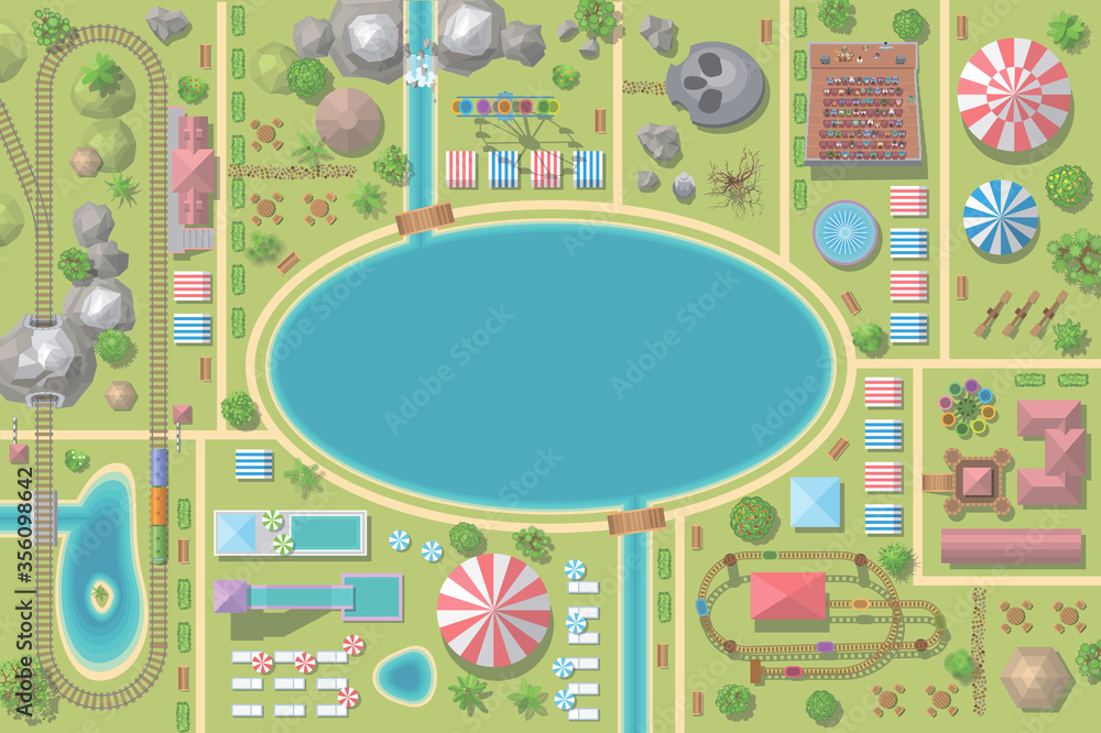 A vector illustration of amusement park map. (Top view) Attractions ...