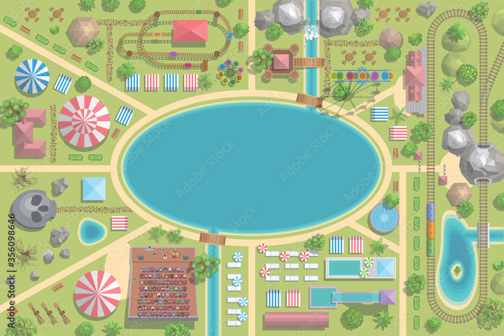 A vector illustration of amusement park map. (Top view) Attractions ...