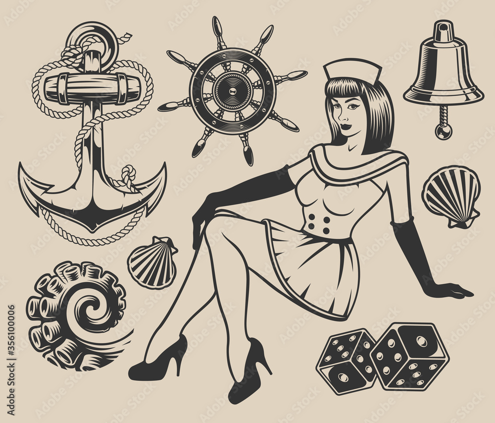 Poster Set with pin-up girl and elements for design on the marine theme ...