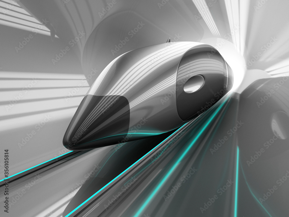 Futuristic supersonic train inside low-pressure tunnel with motion blur ...