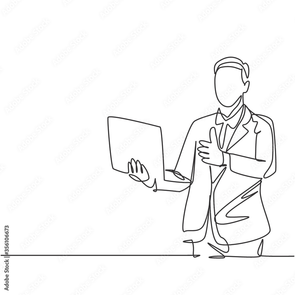 One line drawing of young happy businessman stand up and carrying ...