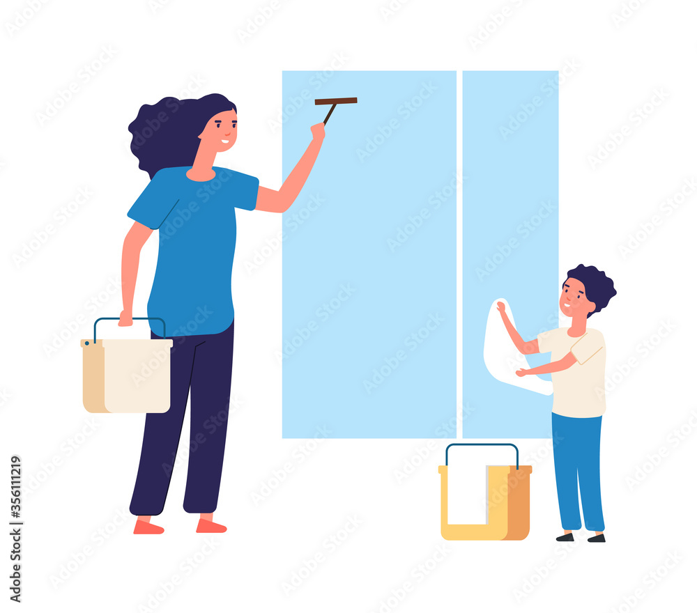 Washing windows. Spring home cleaning, clean equipment. Mother son near ...