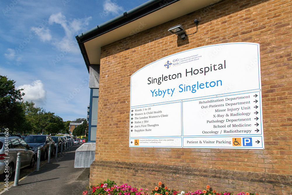 Swansea, UK: September 19, 2017: Main entrance to Singleton Hospital. A ...