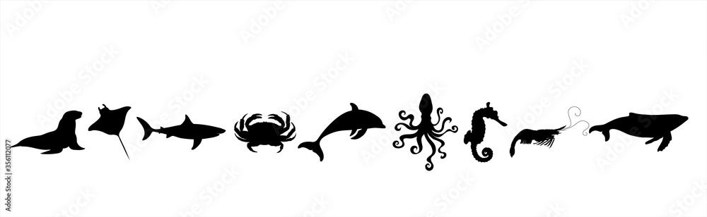 Collection of vector silhouette of water animals on white background ...
