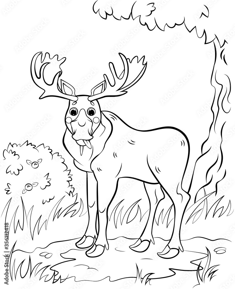 Coloring page outline of cute cartoon moose. Vector image with forest ...