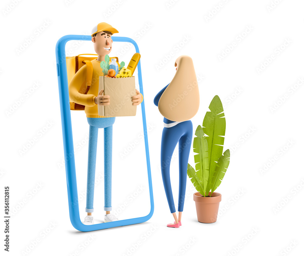Online delivery concept. 3d illustration. Cartoon character. Delivery ...