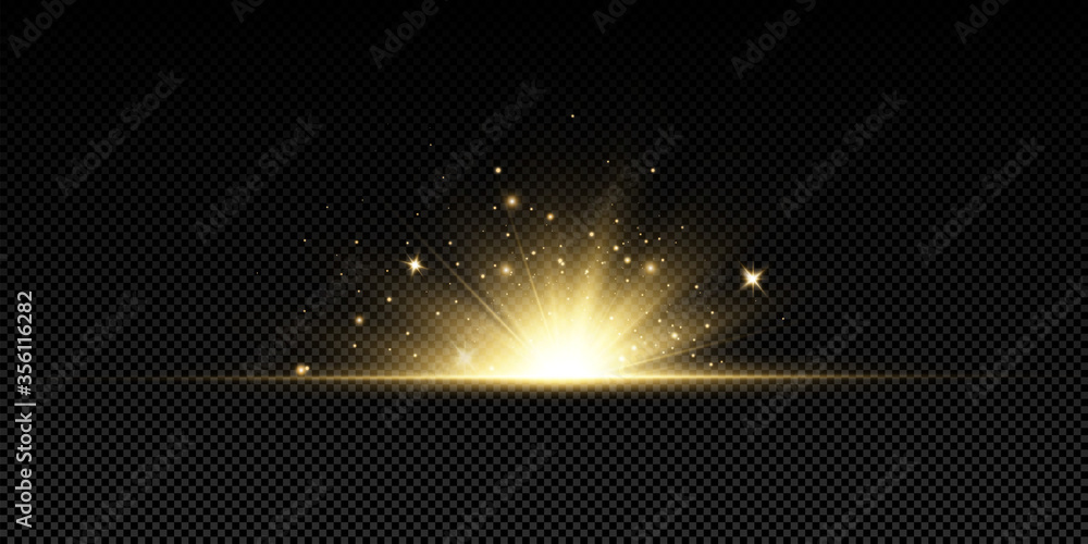 Shining golden stars isolated on black background. Effects, glare, lines, sun, glitter ...