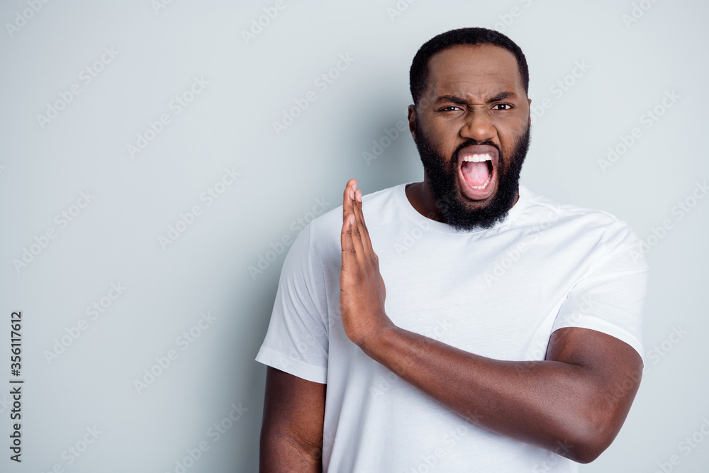 Photo of crazy disappointed yell dark skin african guy antiracism group ...