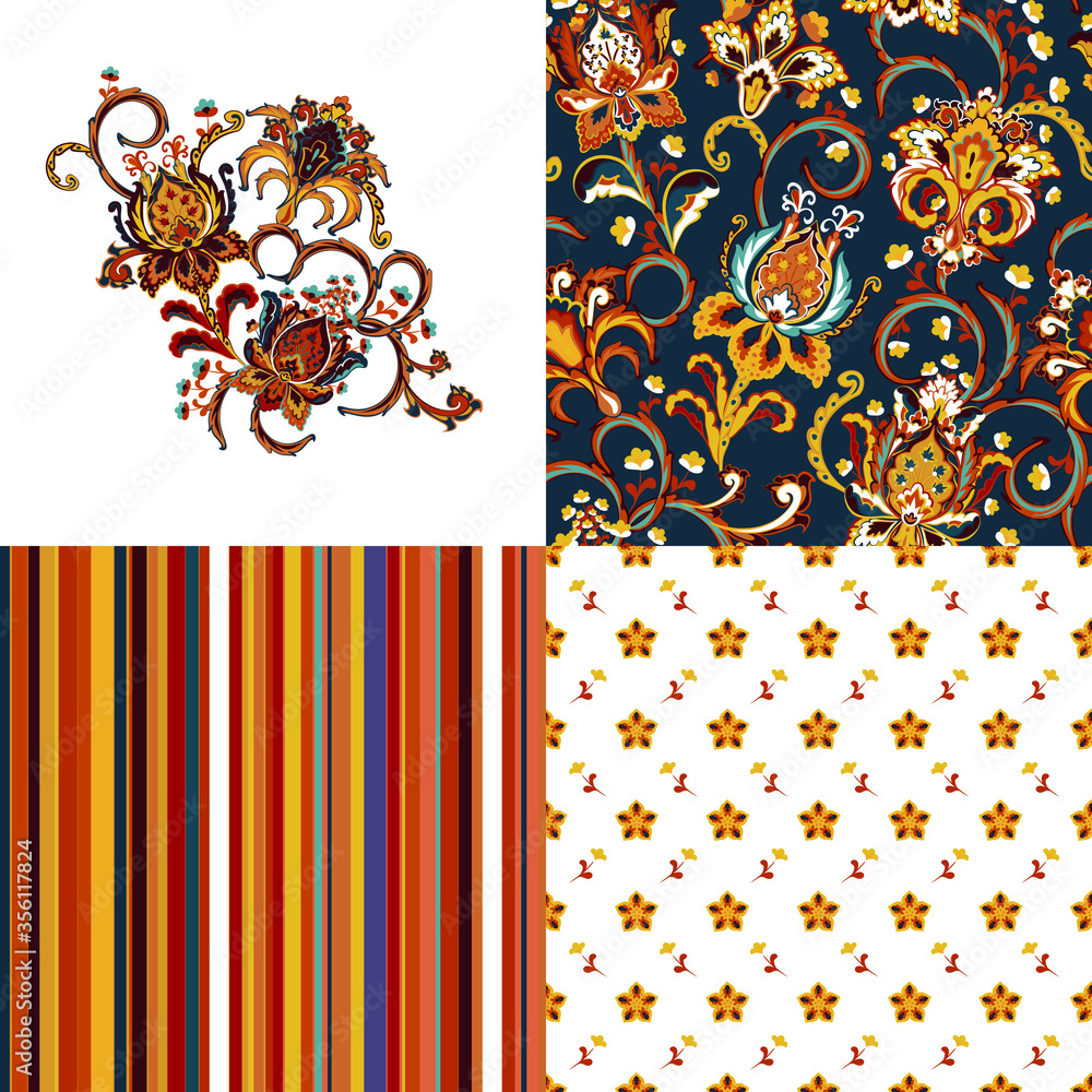 Set of seamless floral pattern with fantasy flowers and line ...