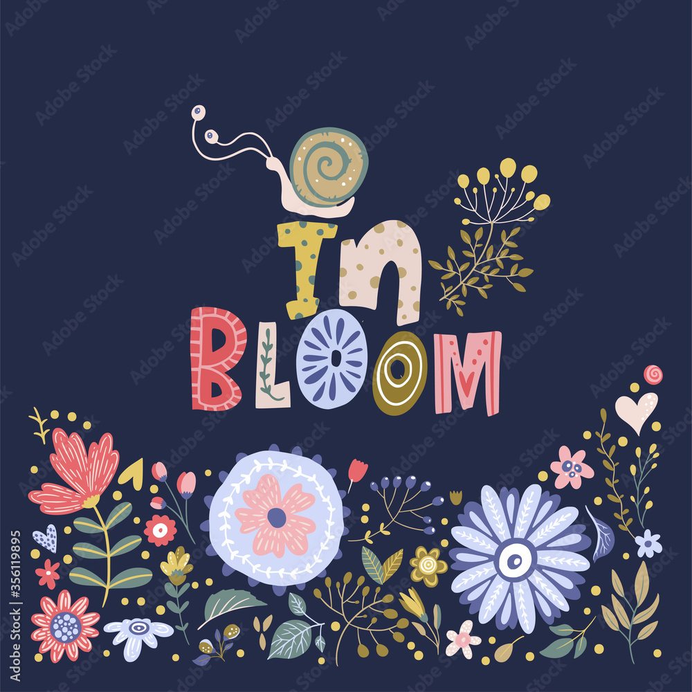 Floral color vector lettering card in a flat style. Ornate flower ...