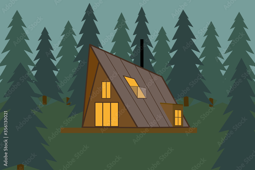 Vector illustration of wooden A-frame house in rustic style in forest ...
