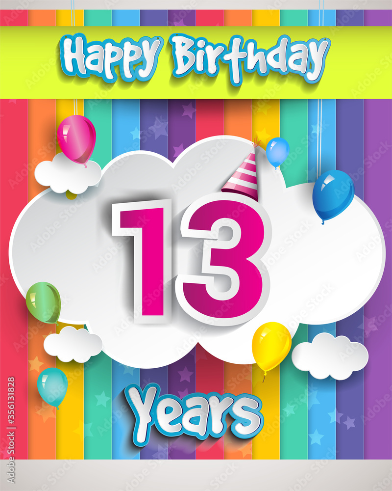 Celebrating 13th Anniversary logo, with confetti and balloons, clouds ...