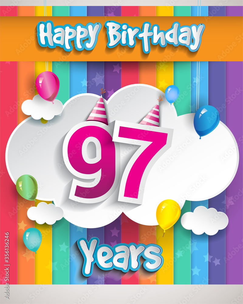 Celebrating 97th Anniversary logo, with confetti and balloons, clouds ...