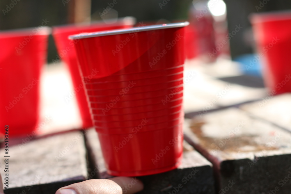 Red party cups themed background template. White backdrop. Alcohol ...