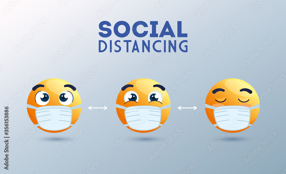 set of emoji wearing medical masks, with arrows of social distancing ...